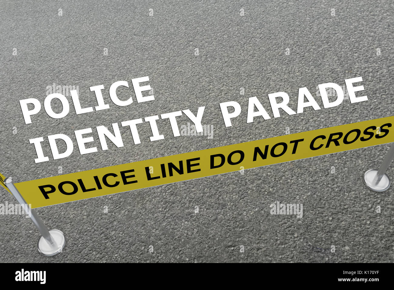 3D illustration of "POLICE IDENTITY PARADE" title on the ground in a ...