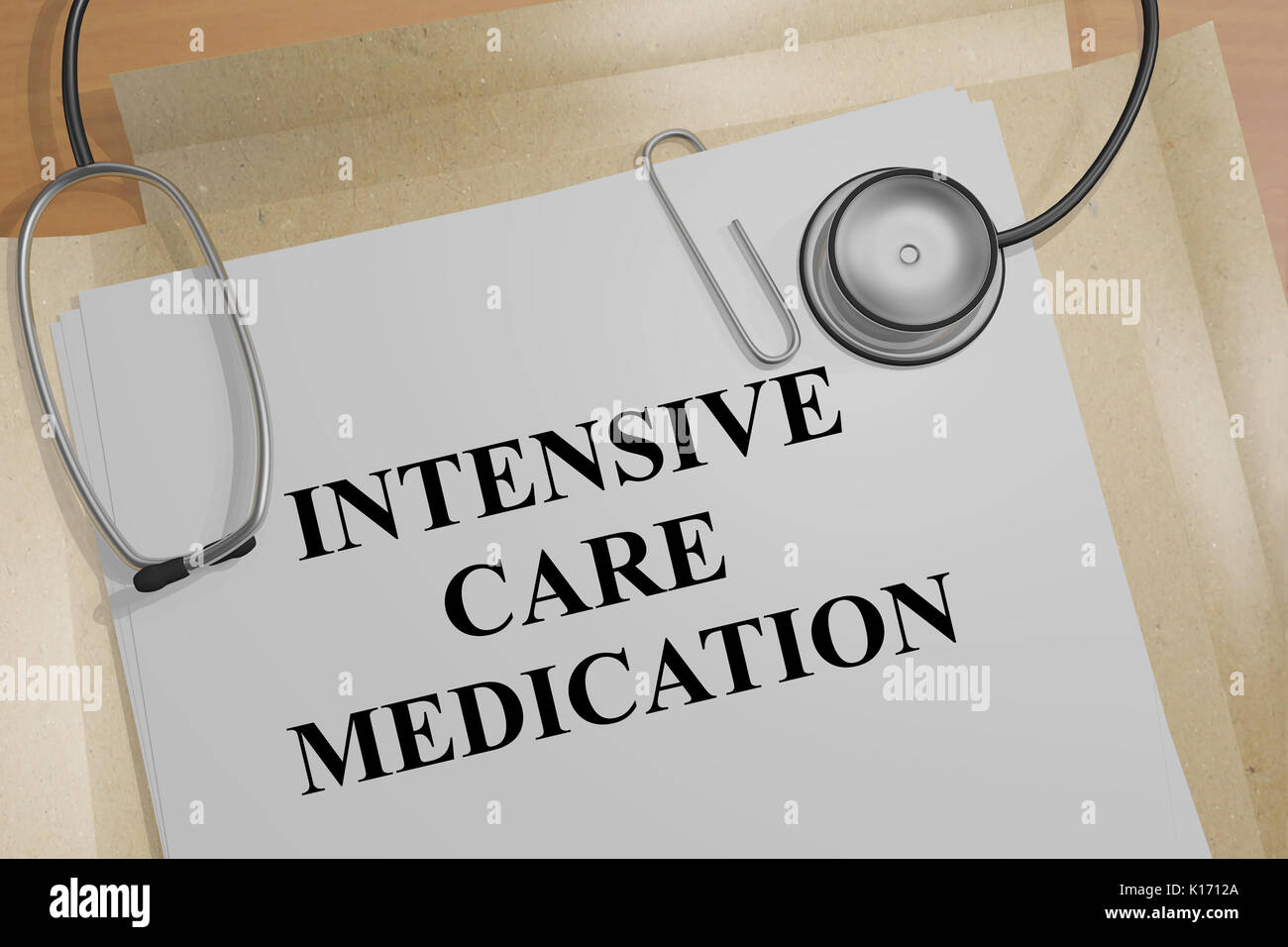 3D illustration of "INTENSIVE CARE MEDICATION" title on a document ...