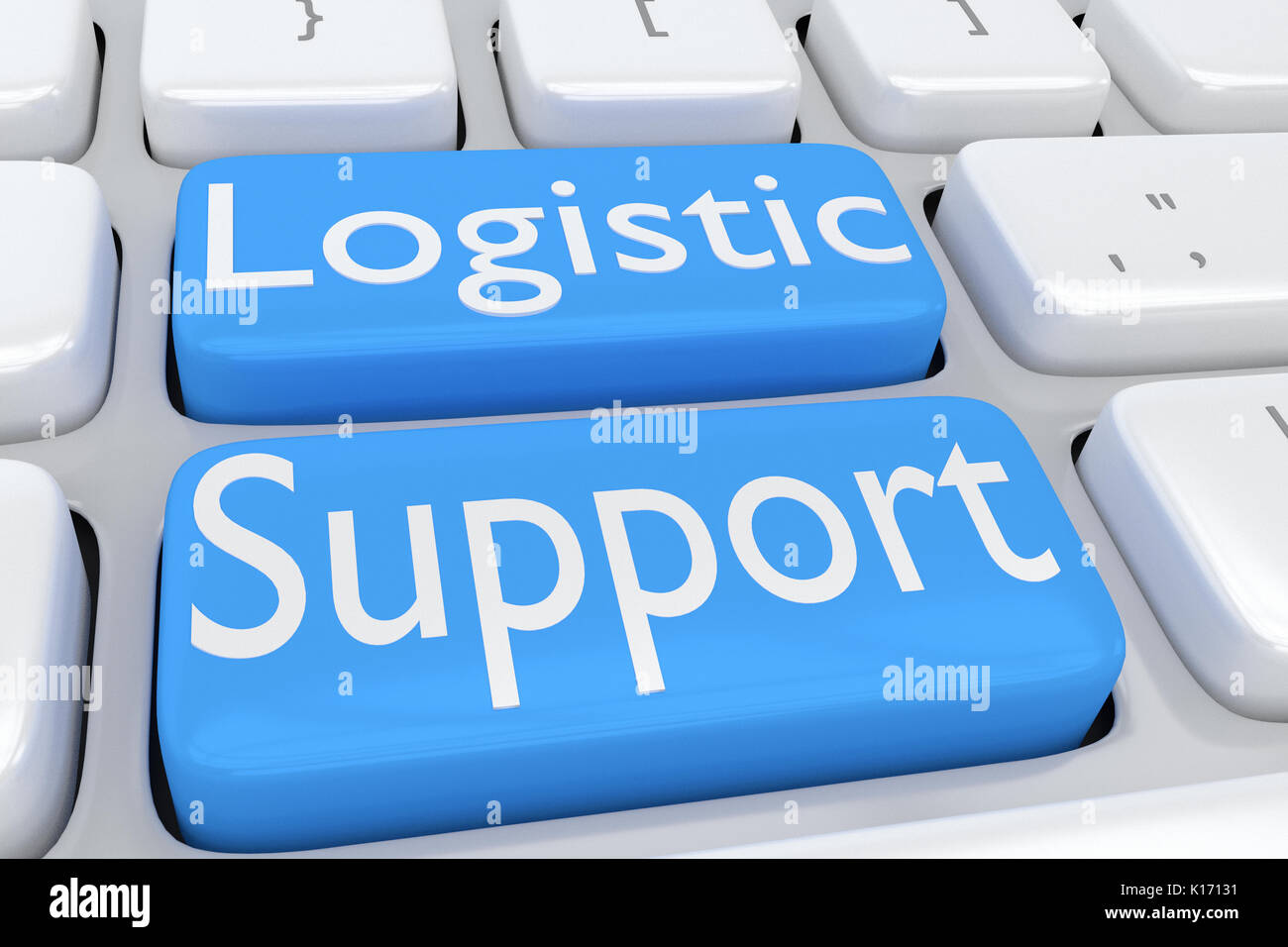 3D illustration of computer keyboard with the script "Logistic Support" on two adjacent pale ...