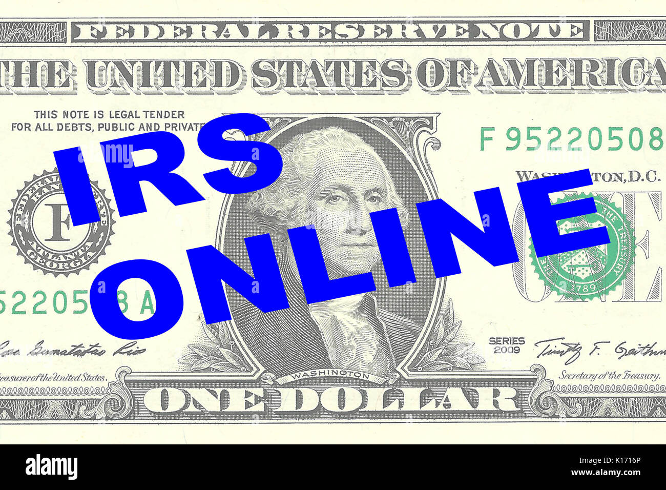 Render illustration of "IRS ONLINE" title on One Dollar bill as a ...