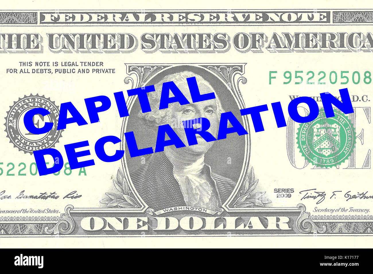 Render illustration of "CAPITAL DECLARATION" title on One Dollar bill ...