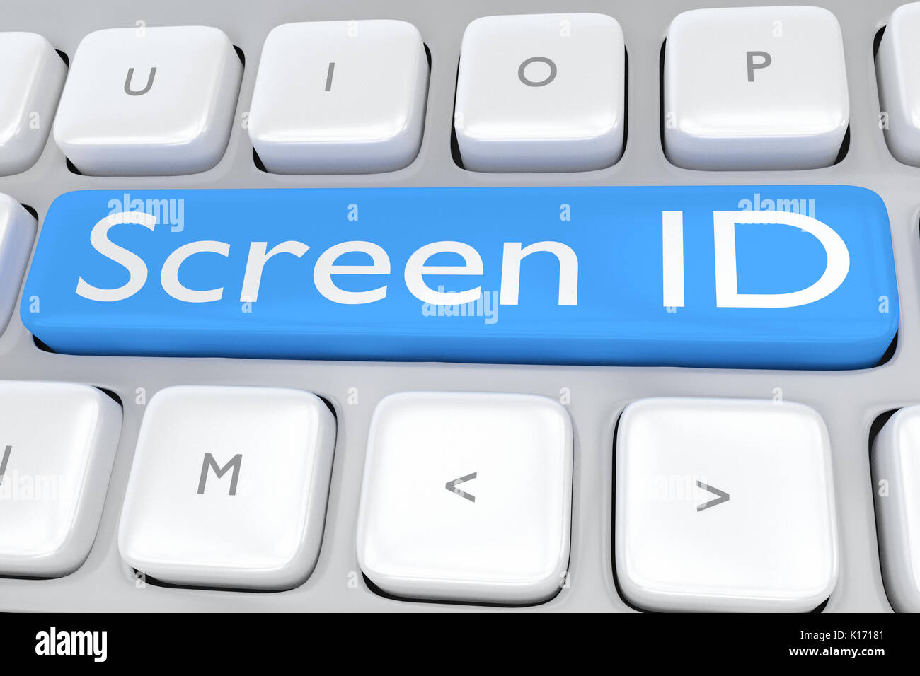 3D illustration of computer keyboard with the script "Screen ID" on two adjacent pale blue ...