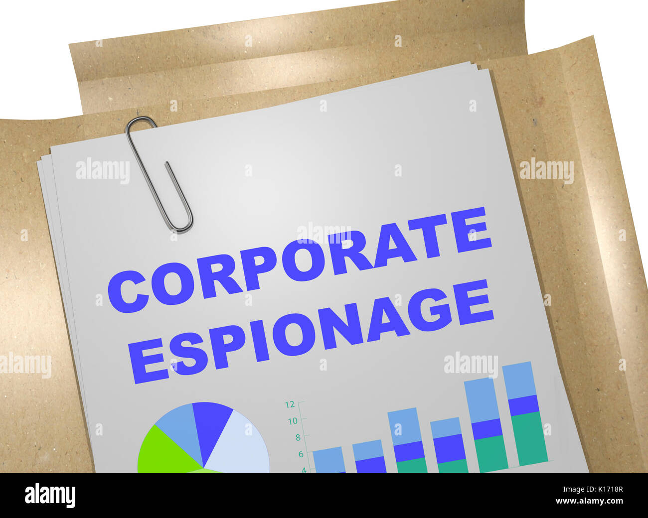 3D illustration of "CORPORATE ESPIONAGE" title on business document ...