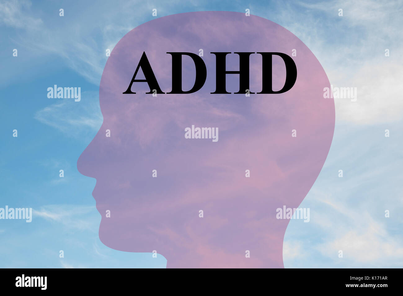 Render illustration of "ADHD" title on head silhouette, with cloudy sky ...