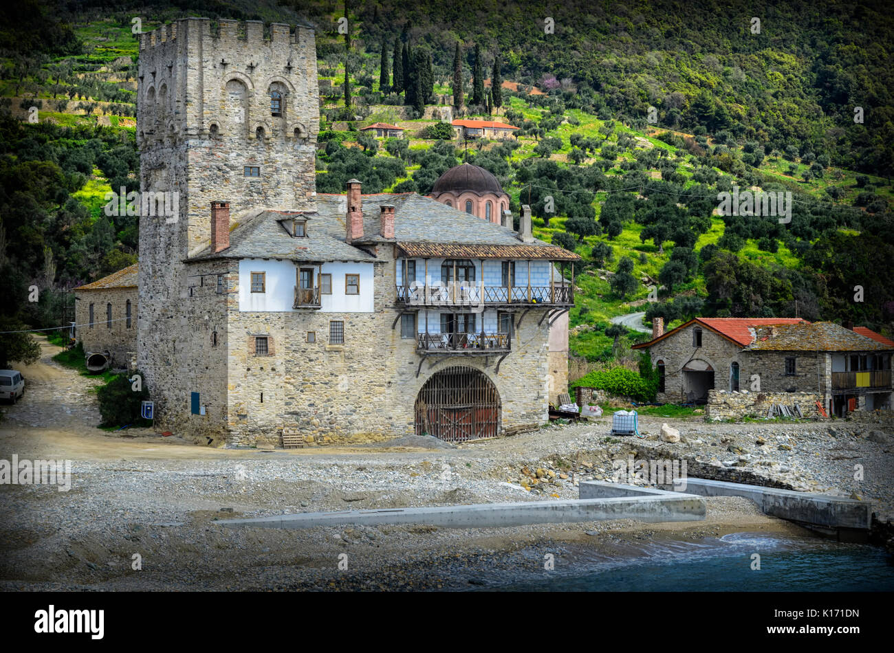 The pier of the monastery Zograf on Athos Stock Photo - Alamy
