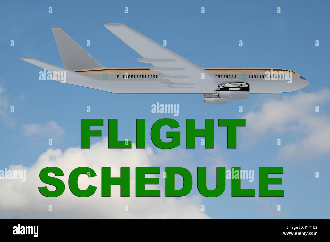 3D illustration of "FLIGHT SCHEDULE" title on cloudy sky as a ...
