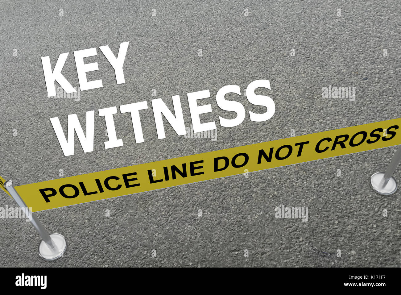 3D illustration of "KEY WITNESS" title on the ground in a police arena ...
