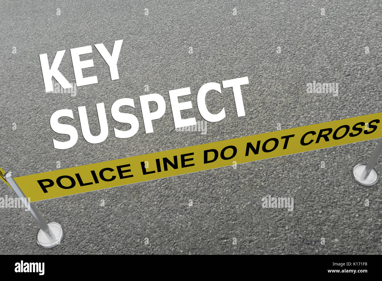 3D illustration of "KEY SUSPECT" title on the ground in a police arena ...