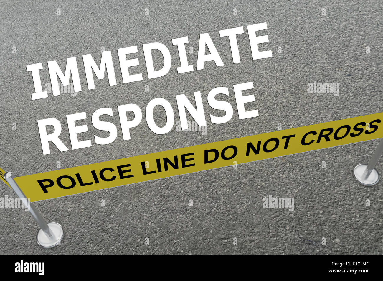3D illustration of "IMMEDIATE RESPONSE" title on the ground in a police ...