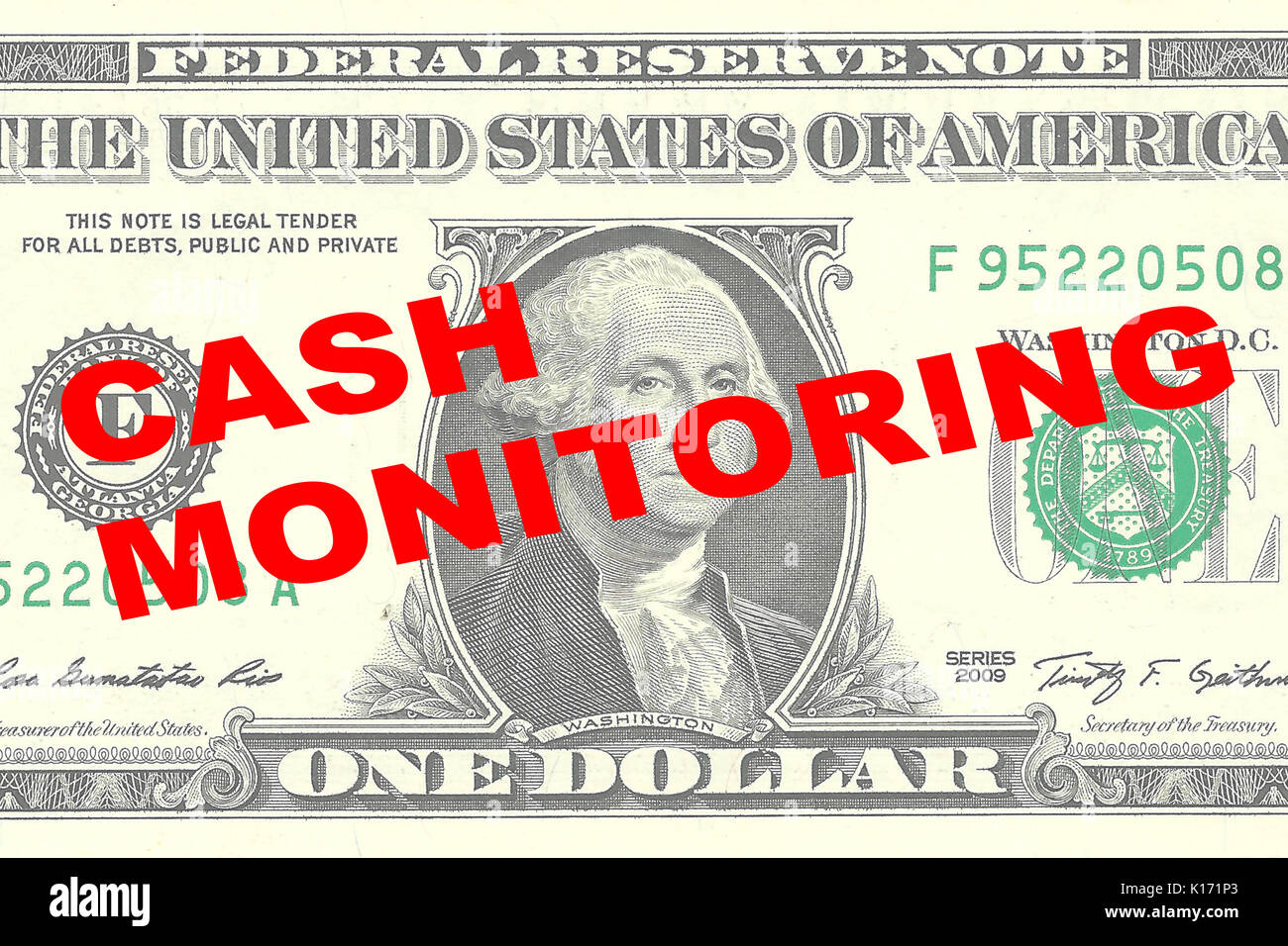 Render illustration of "CASH MONITORING" title on One Dollar bill as a ...