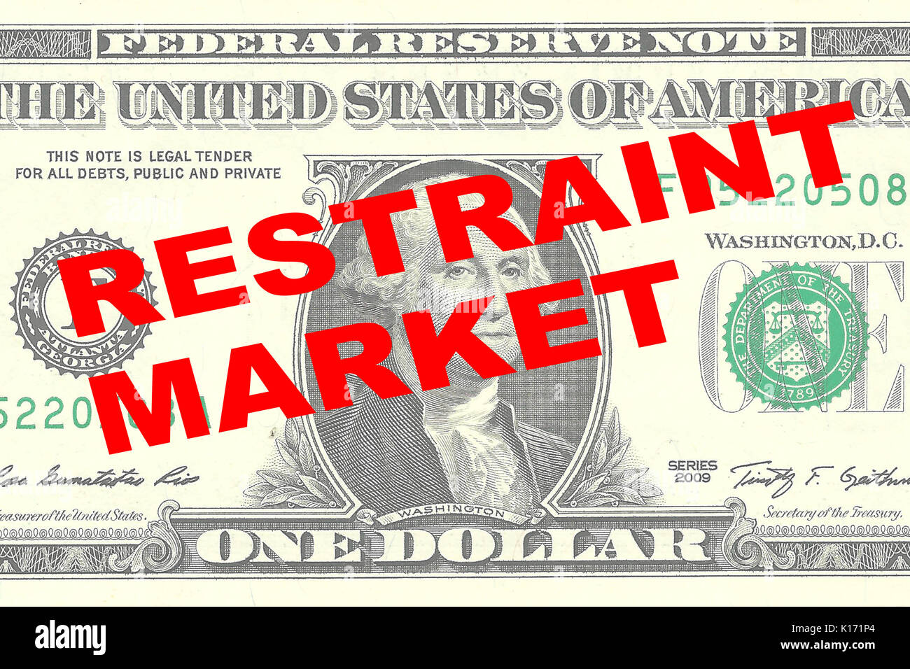 Render illustration of "RESTRAINT MARKET" title on One Dollar bill as a ...
