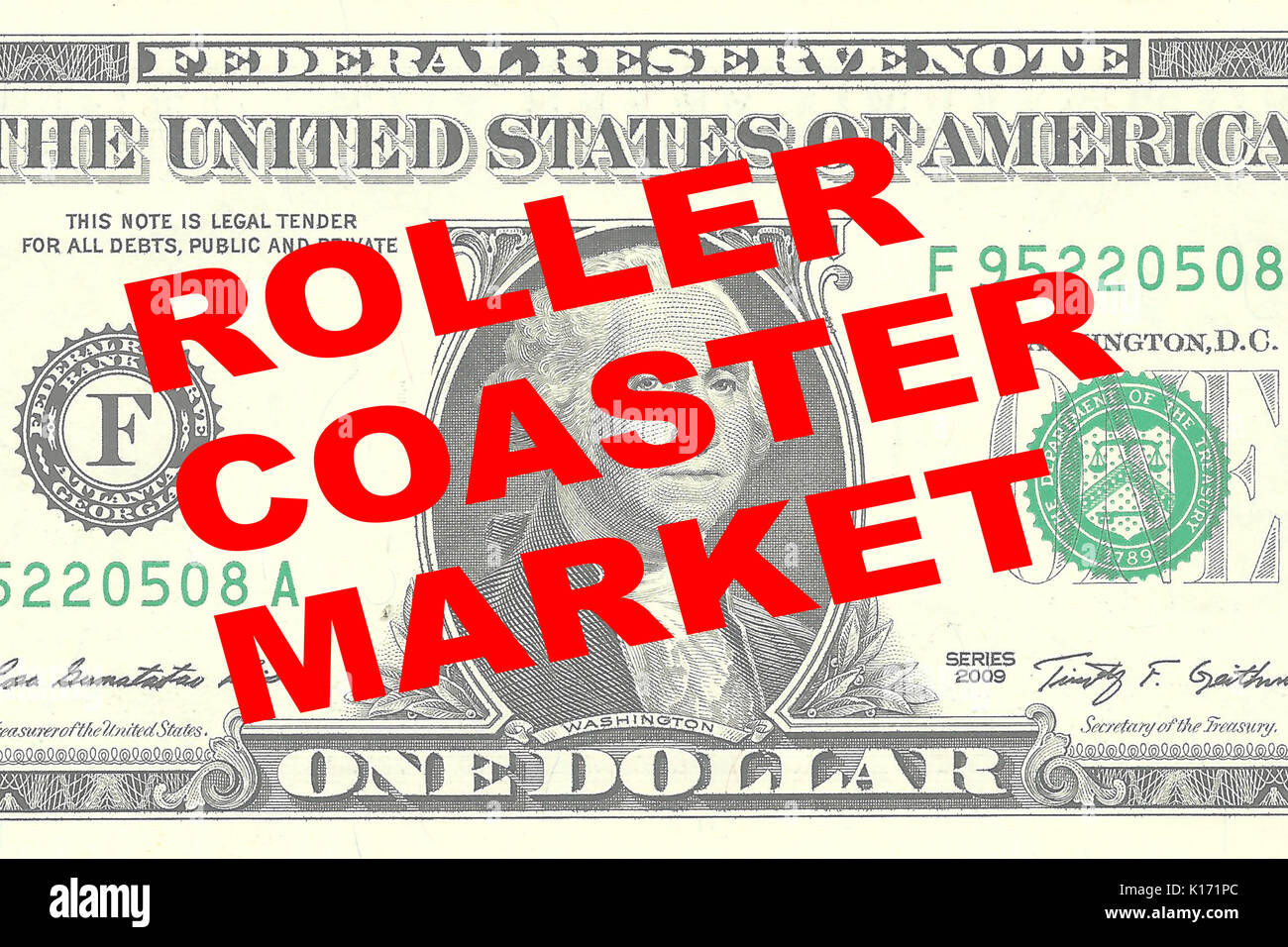 Render illustration of "ROLLER COASTER MARKET" title on One Dollar bill ...