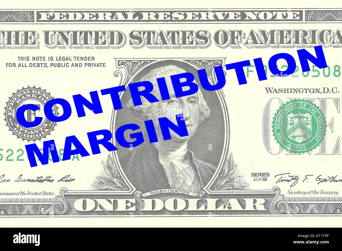 Render illustration of "CONTRIBUTION MARGIN" title on One Dollar bill ...