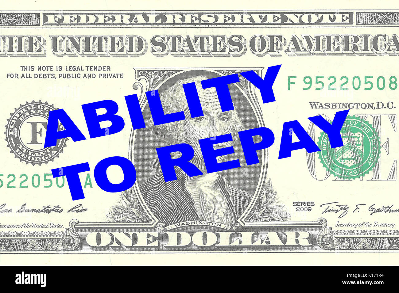 Render illustration of "ABILITY TO REPAY" title on One Dollar bill as a ...