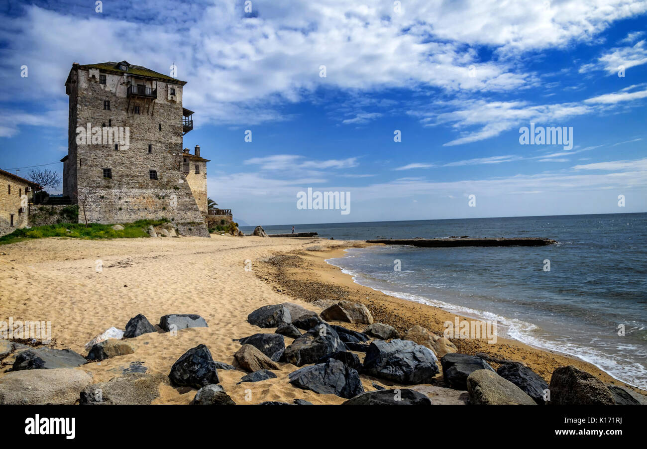 Historic fort in port and city Ouranoupolis , entry site to monasteries ...