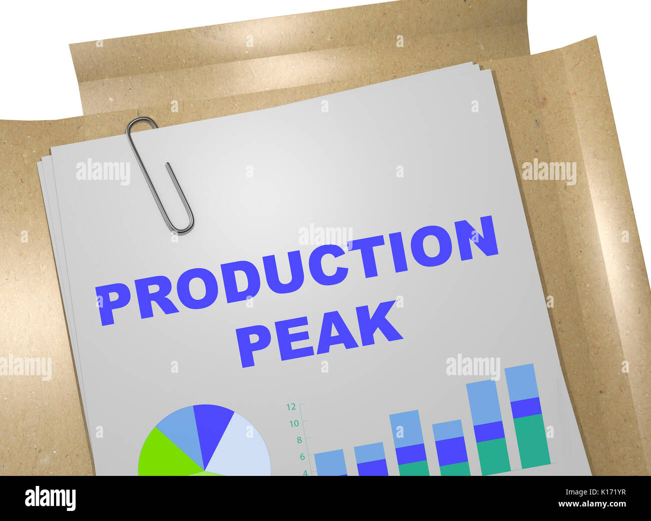3D illustration of "PRODUCTION PEAK" title on business document Stock ...