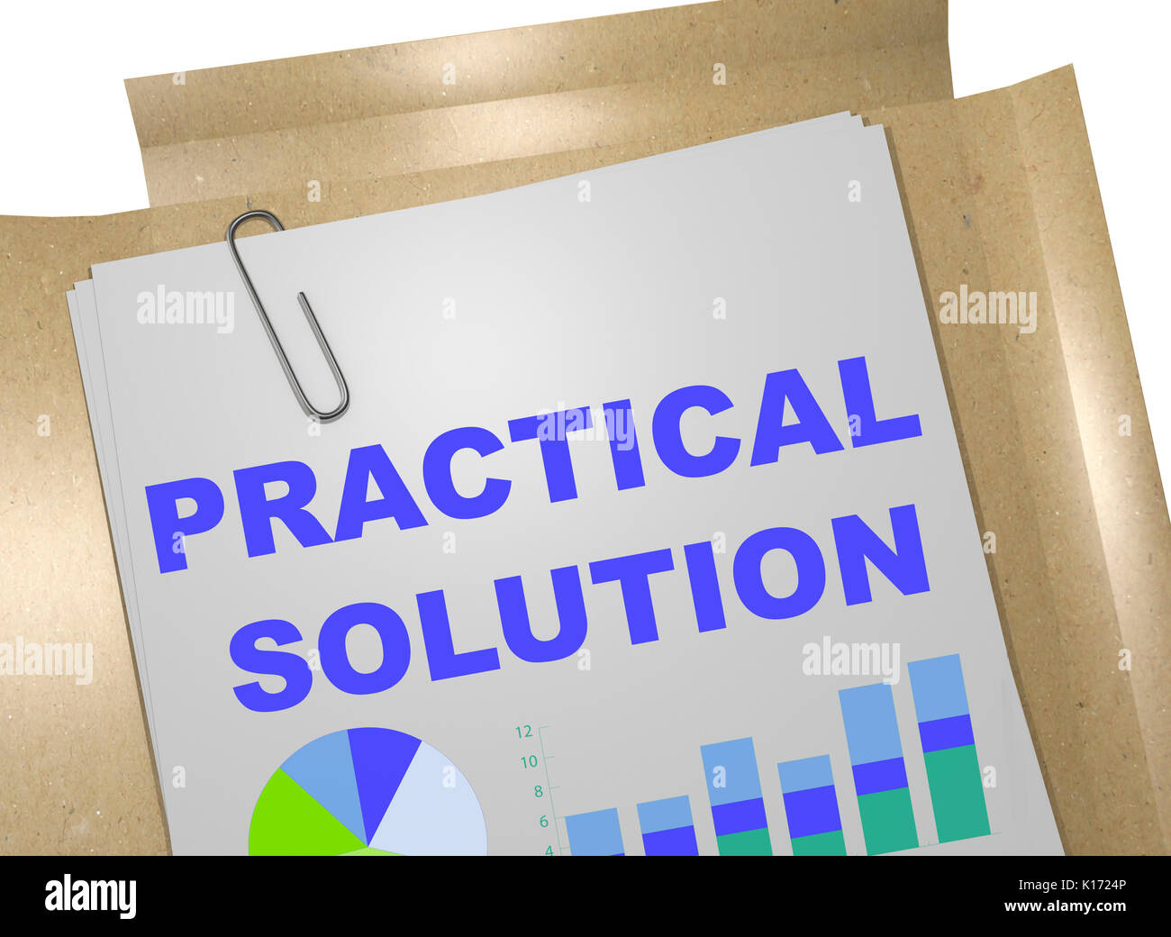 3D illustration of "PRACTICAL SOLUTION" title on business document ...