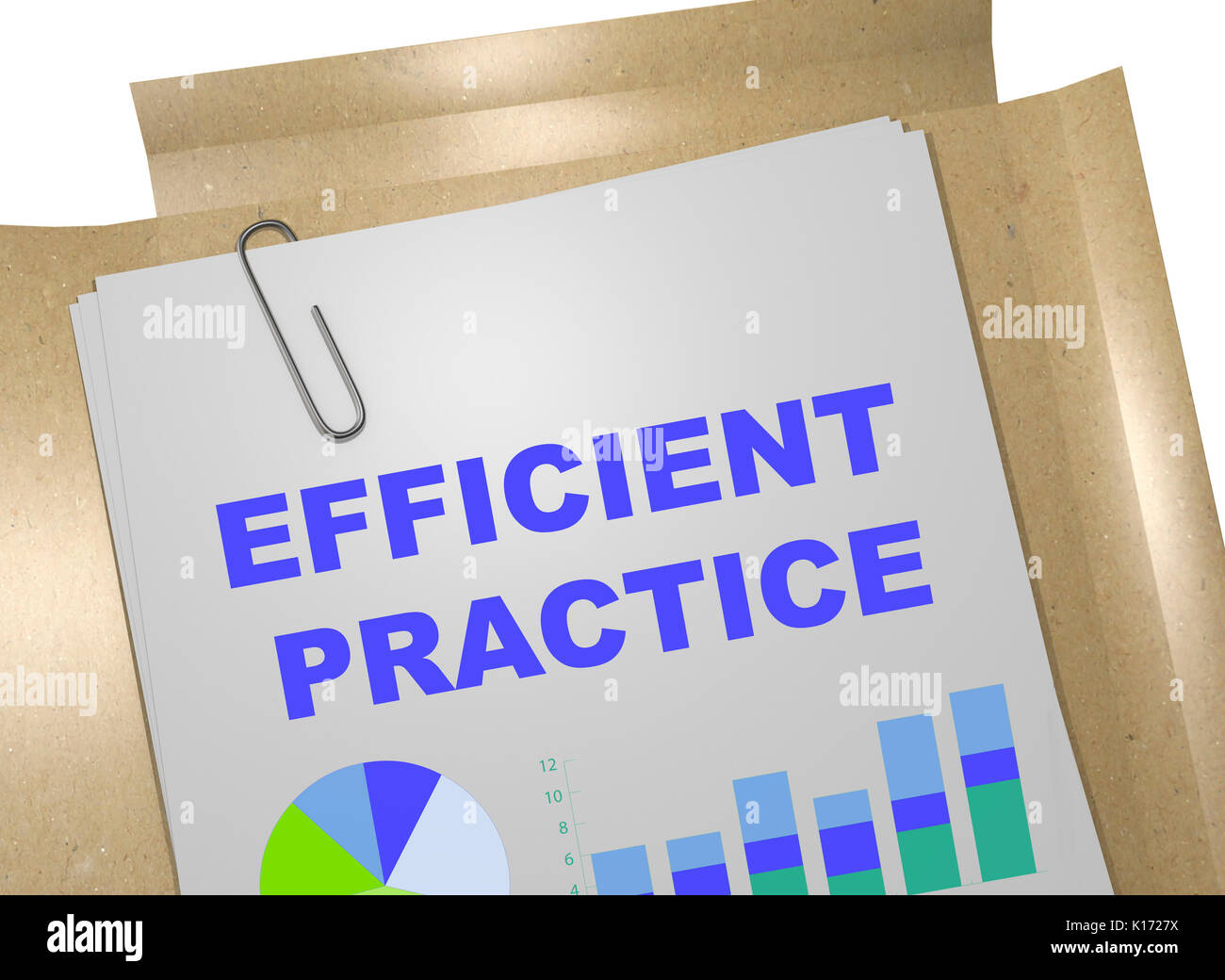 3D illustration of "EFFICIENT PRACTICE" title on business document ...