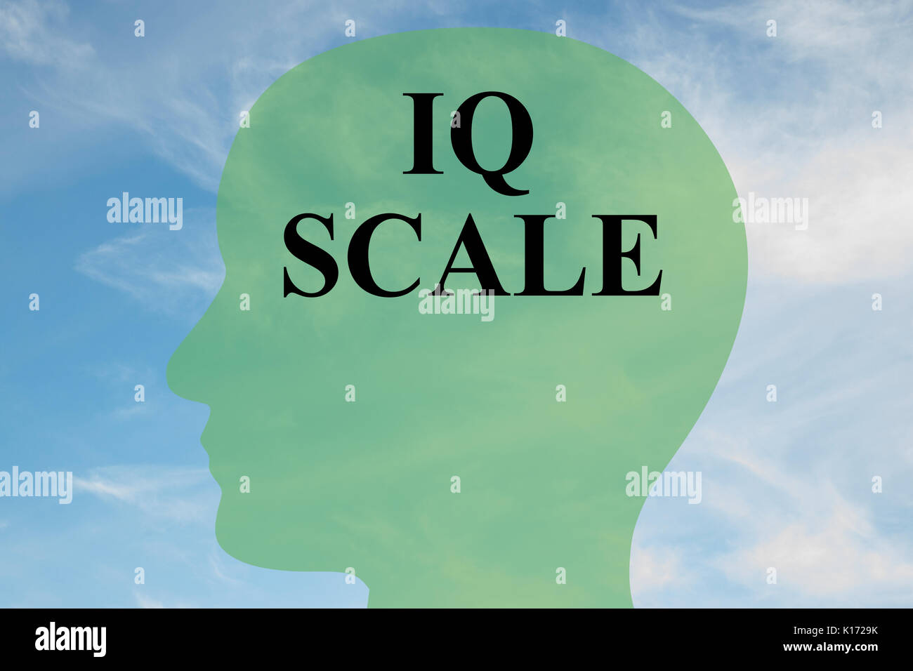Render illustration of "IQ SCALE" script on head silhouette, with ...