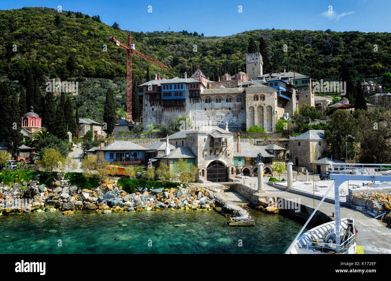 Seaview of the old Dochiariou monastery in Athos mount, Halkidiki ...