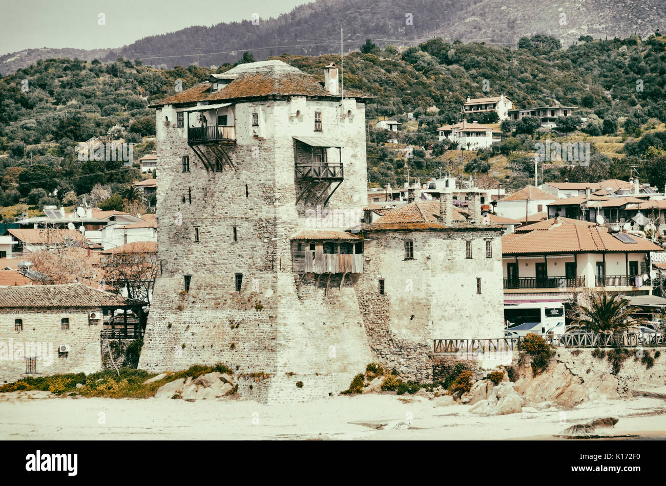 Historic fort in port and city Ouranoupolis , entry site to monasteries ...