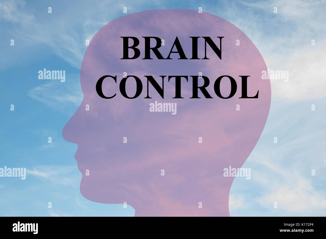 Render illustration of "BRAIN CONTROL" title on head silhouette, with ...