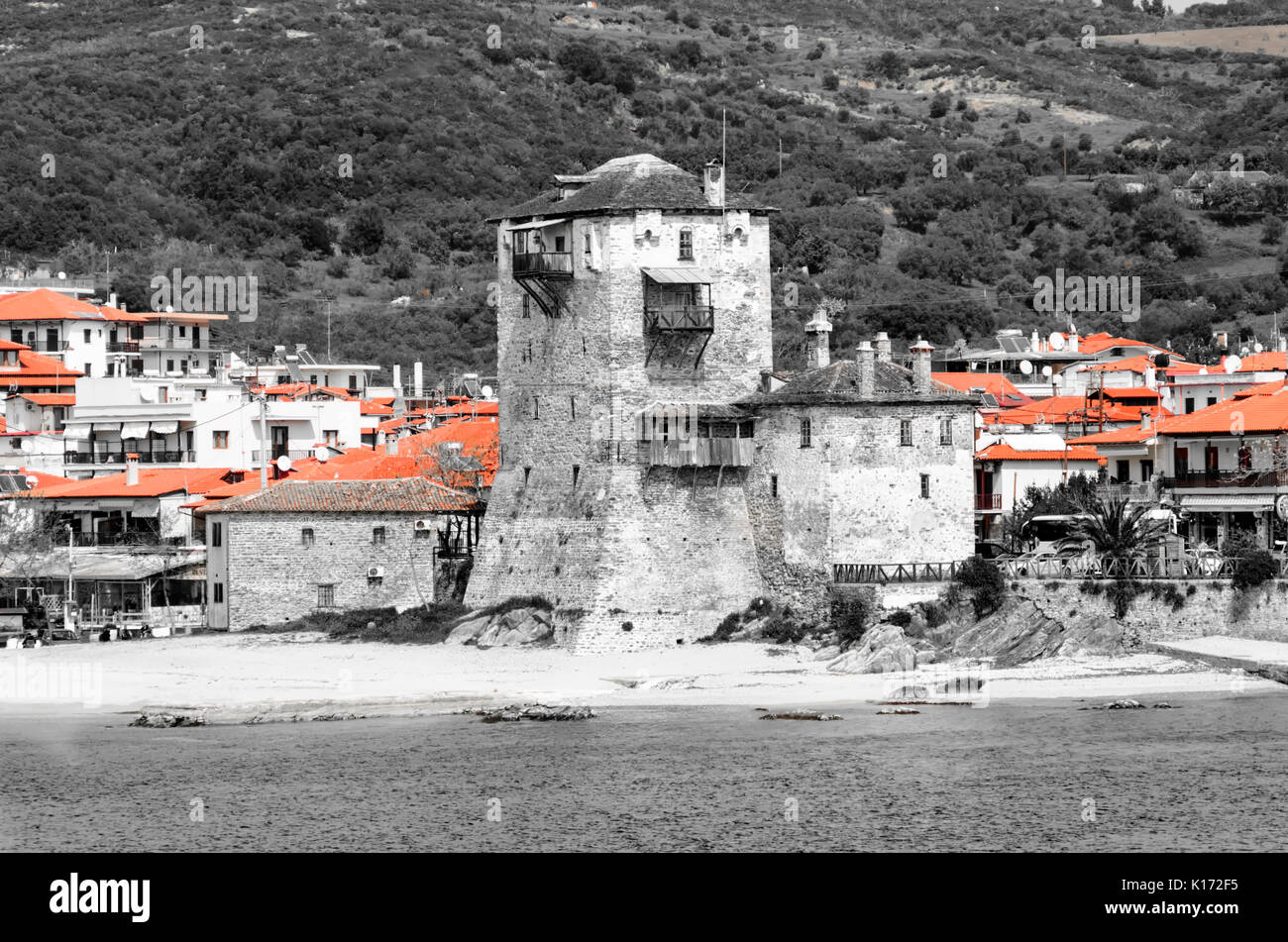 Historic fort in port and city Ouranoupolis , entry site to monasteries ...