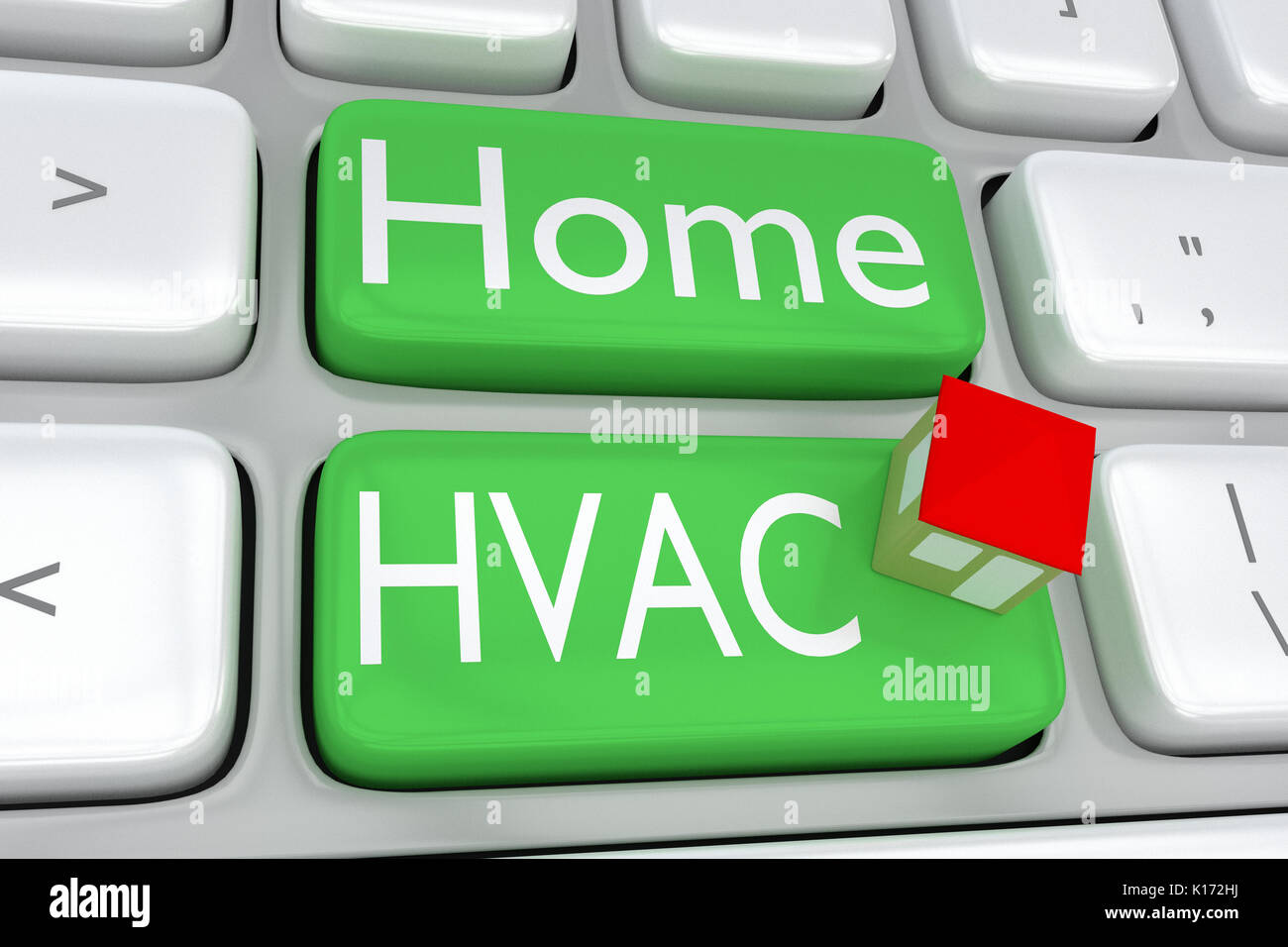 3D illustration of computer keyboard with the script "Home HVAC" on two ...