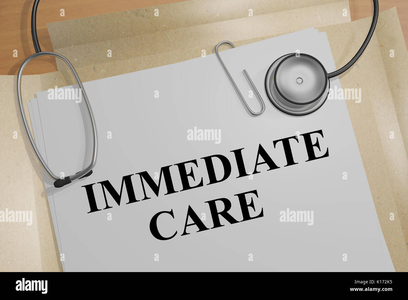 3D illustration of "IMMEDIATE CARE" title on medical document Stock ...