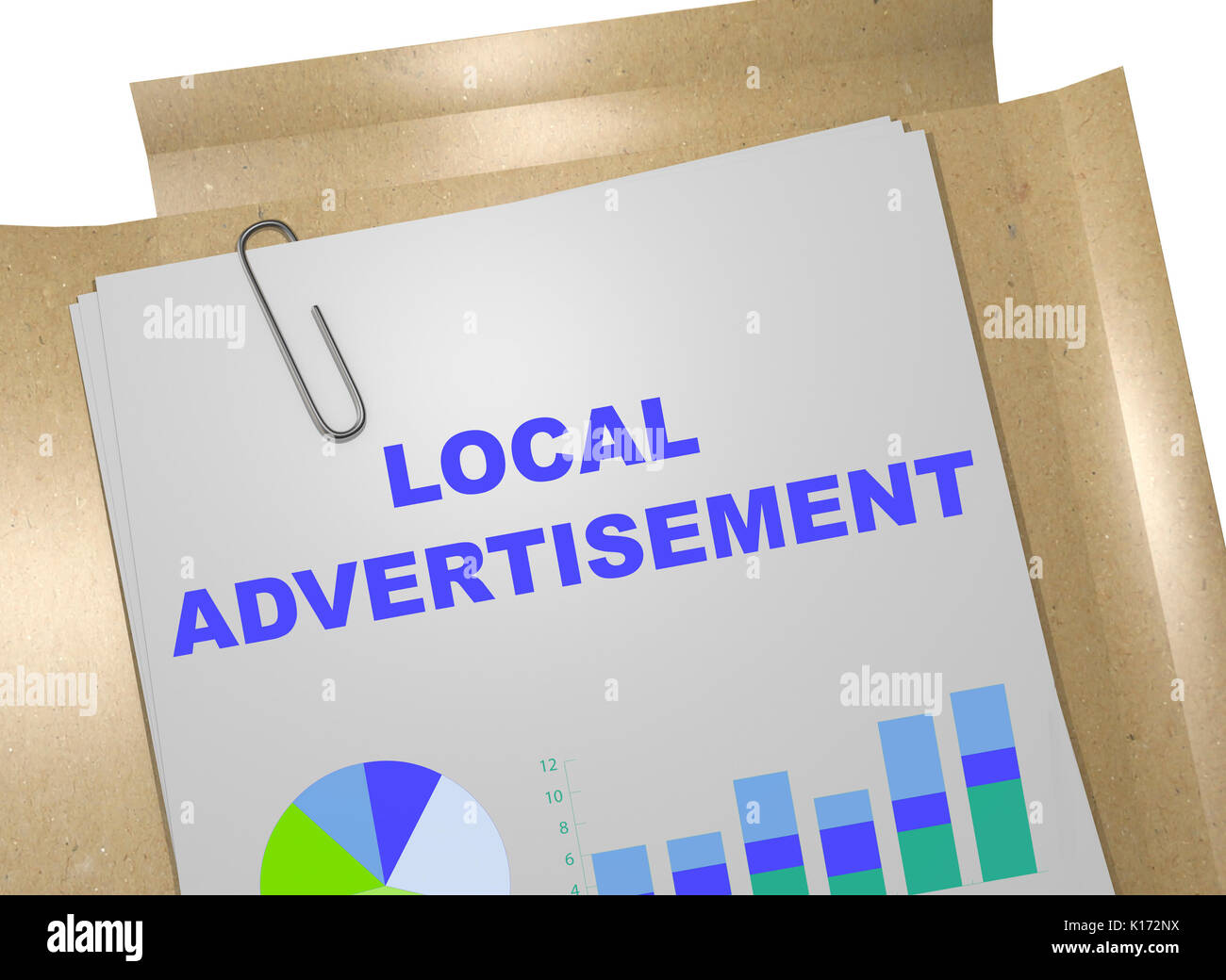 3D illustration of "LOCAL ADVERTISEMENT" title on business document ...