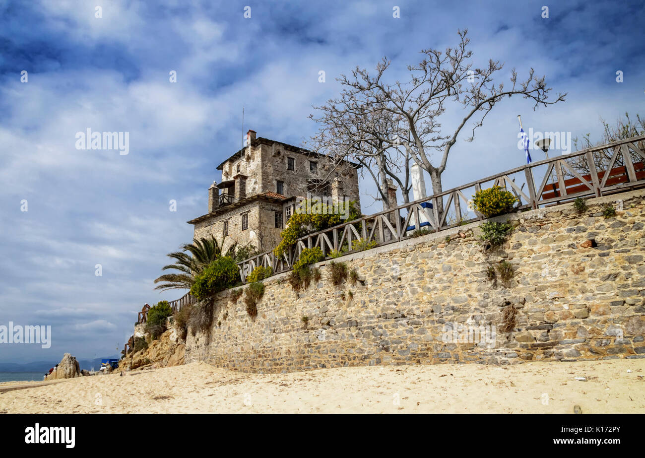 Historic fort in port and city Ouranoupolis , entry site to monasteries ...