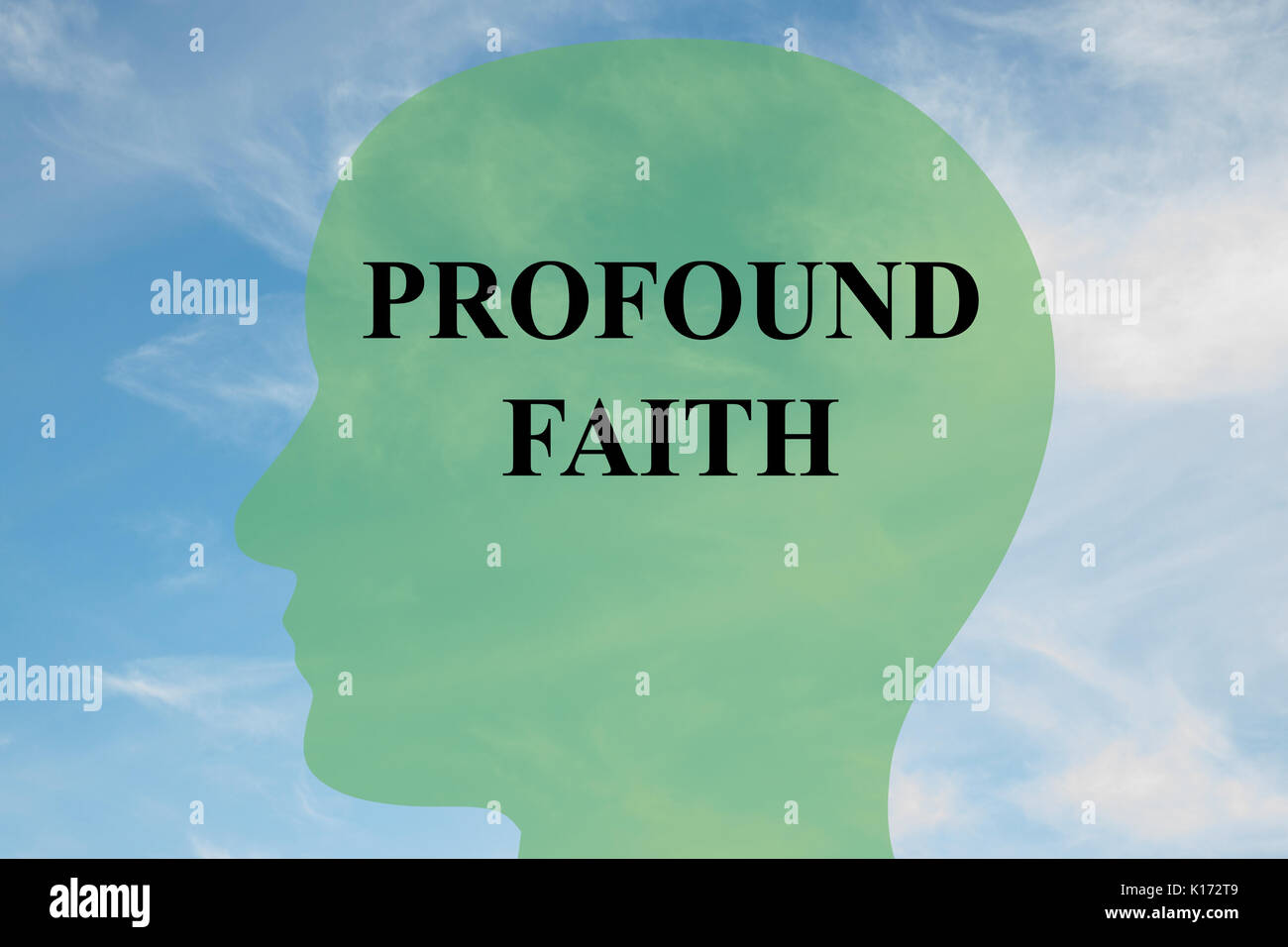 Render illustration of "PROFOUND FAITH" script on head silhouette, with ...