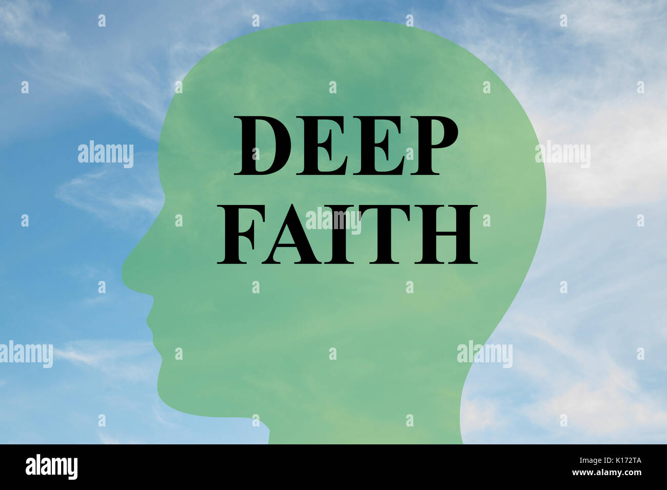 Render illustration of "DEEP FAITH" script on head silhouette, with ...