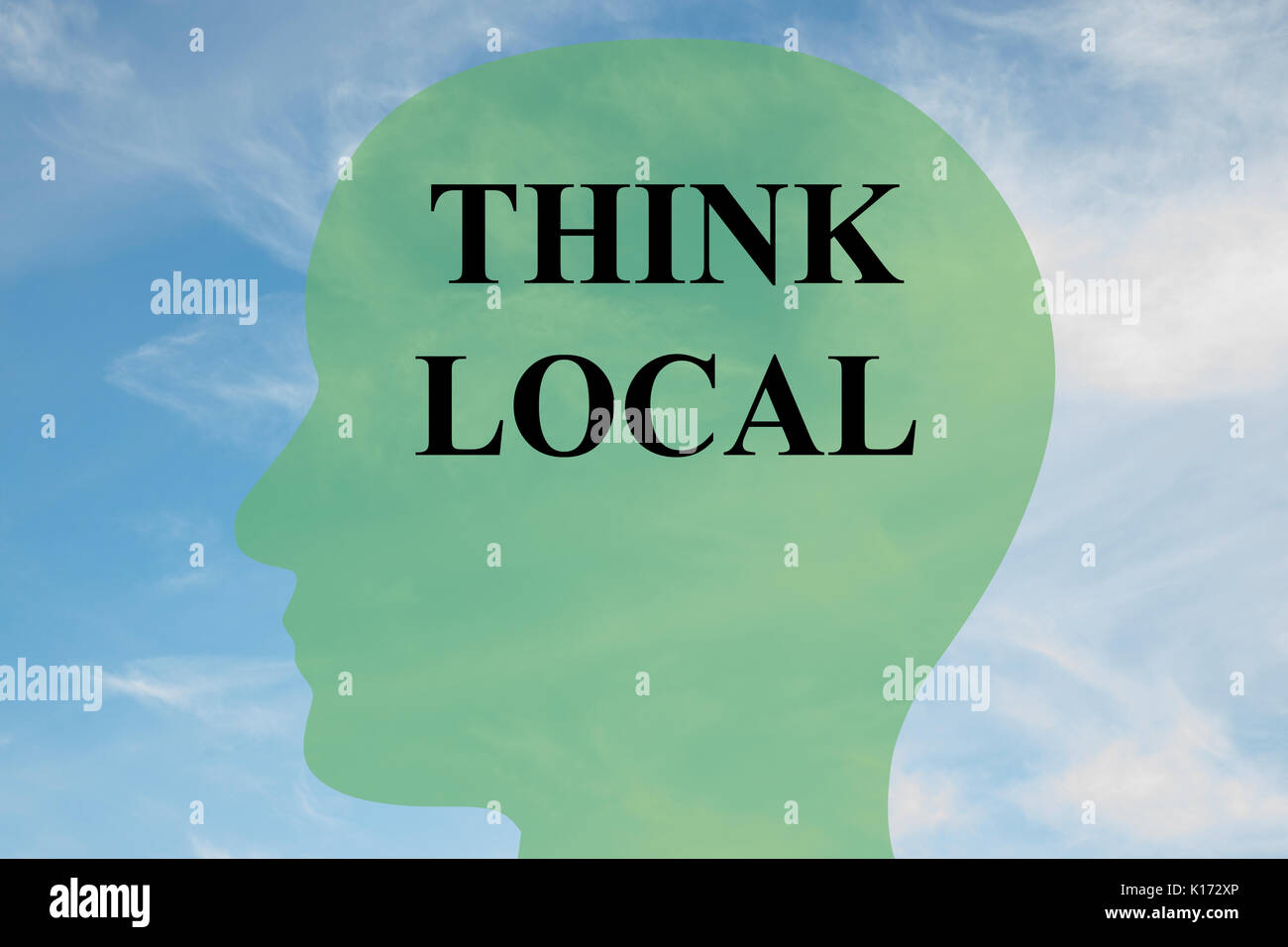 Render illustration of "THINK LOCAL" script on head silhouette, with ...