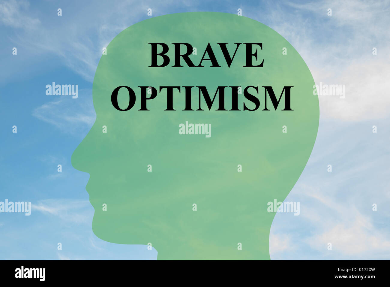 Render illustration of "BRAVE OPTIMISM" script on head silhouette, with ...
