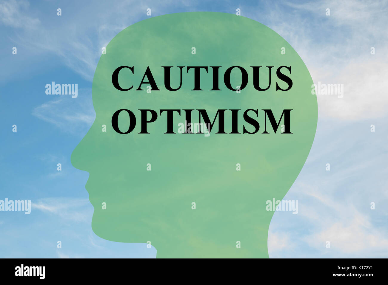 Render illustration of "CAUTIOUS OPTIMISM" script on head silhouette, with cloudy sky as a ...