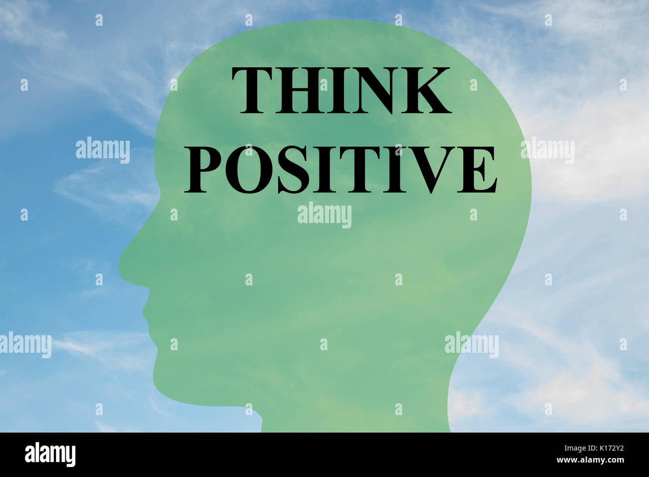 Render illustration of "THINK POSITIVE" script on head silhouette, with ...
