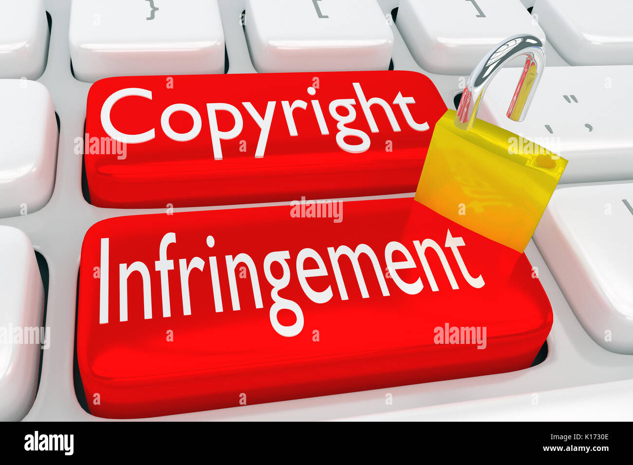 3D illustration of computer keyboard with the print "Copyright Infringement" on two adjacent red ...
