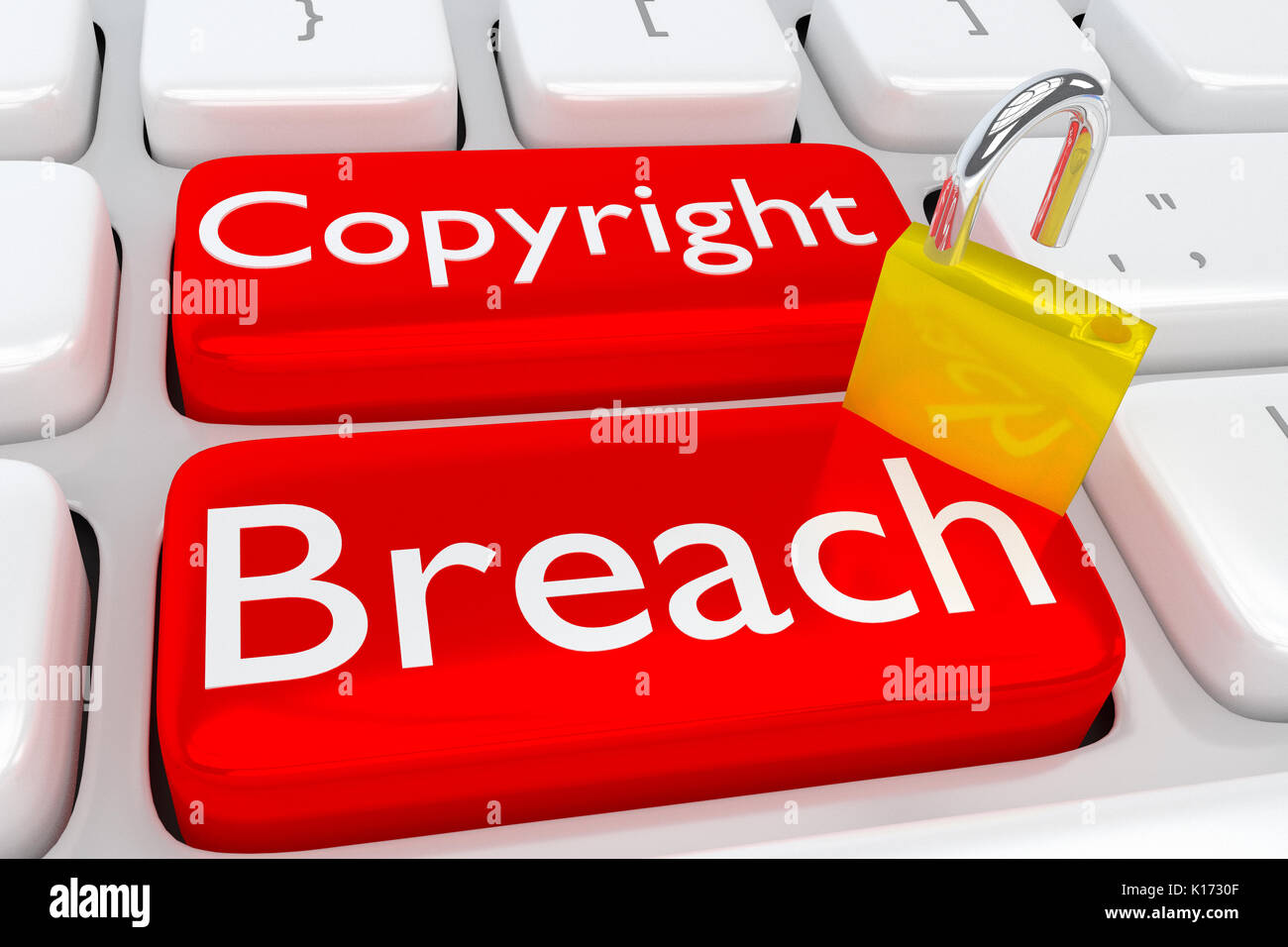 3D illustration of computer keyboard with the print "Copyright Breach" on two adjacent red ...