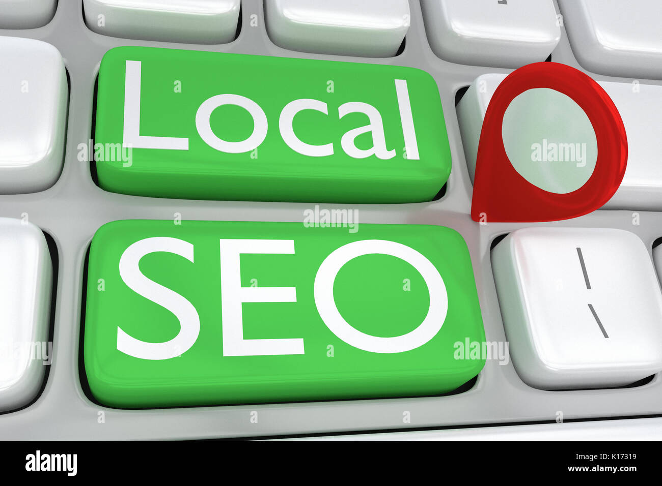 3D illustration illustration of computer keyboard with the script "Local SEO" and location icon ...