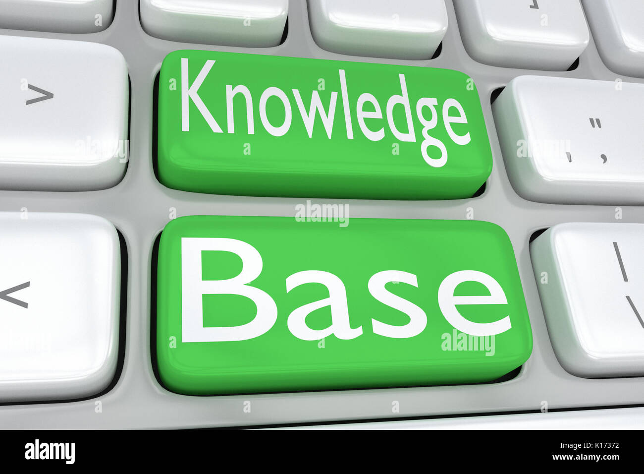 3D illustration of computer keyboard with the print "Knowledge Base" on two adjacent green ...
