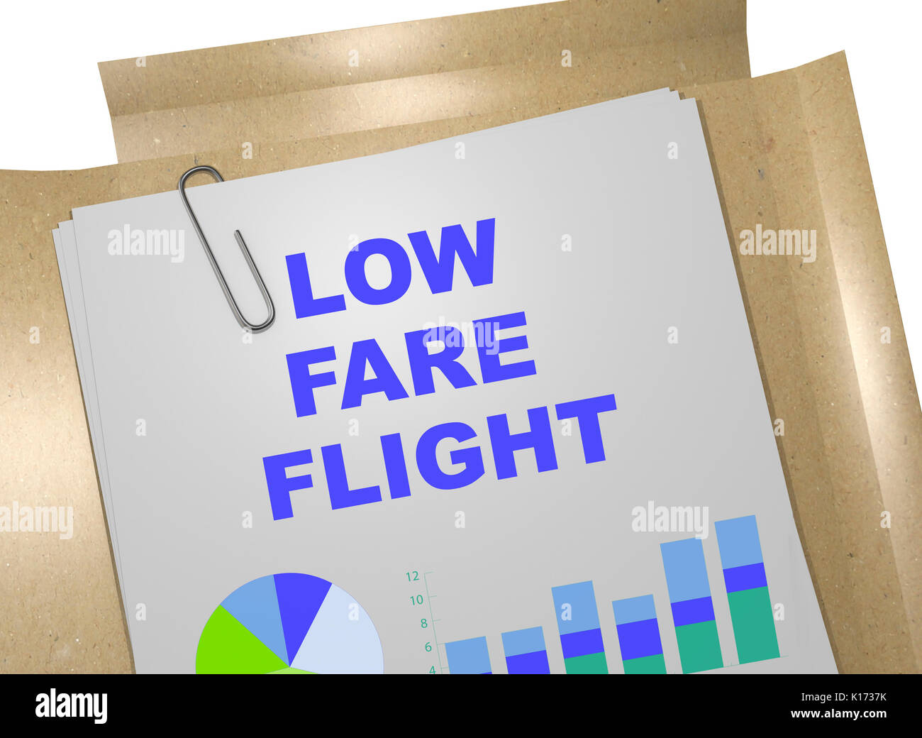 3D illustration of "LOW FARE FLIGHT" title on business document Stock ...