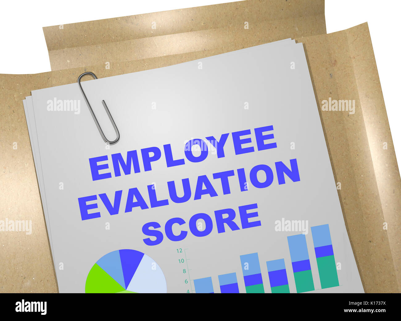 3D illustration of "EMPLOYEE EVALUATION SCORE" title on business ...