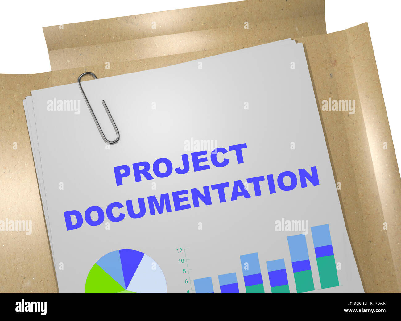 3D illustration of "PROJECT DOCUMENTATION" title on business document ...