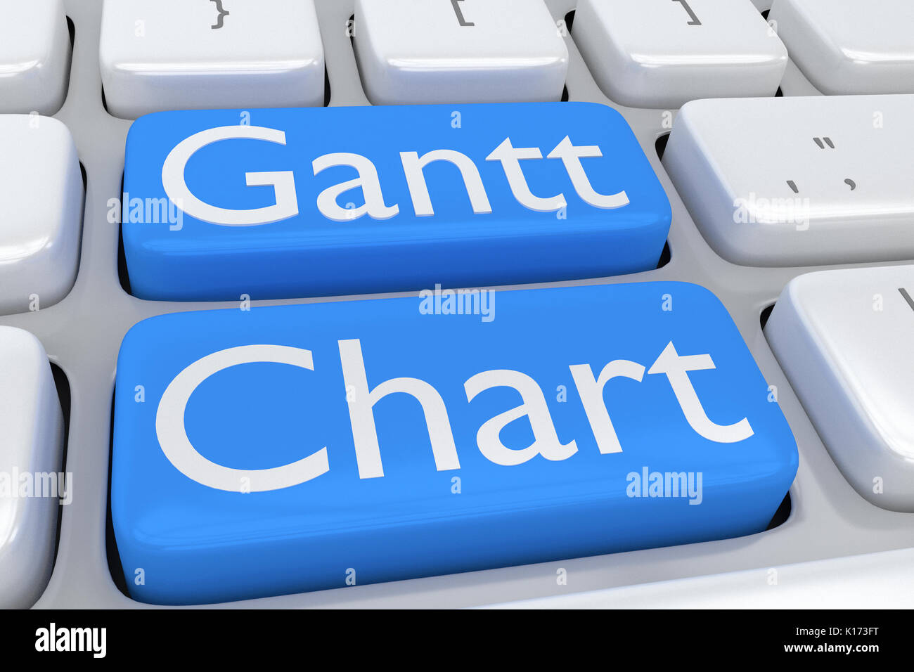3D illustration of computer keyboard with the script "Gantt Chart" on two adjacent pale blue ...