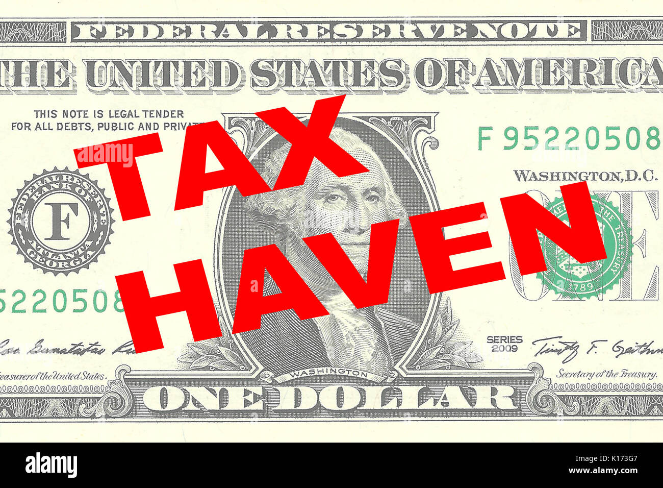 Render illustration of "TAX HAVEN " title on One Dollar bill as a ...