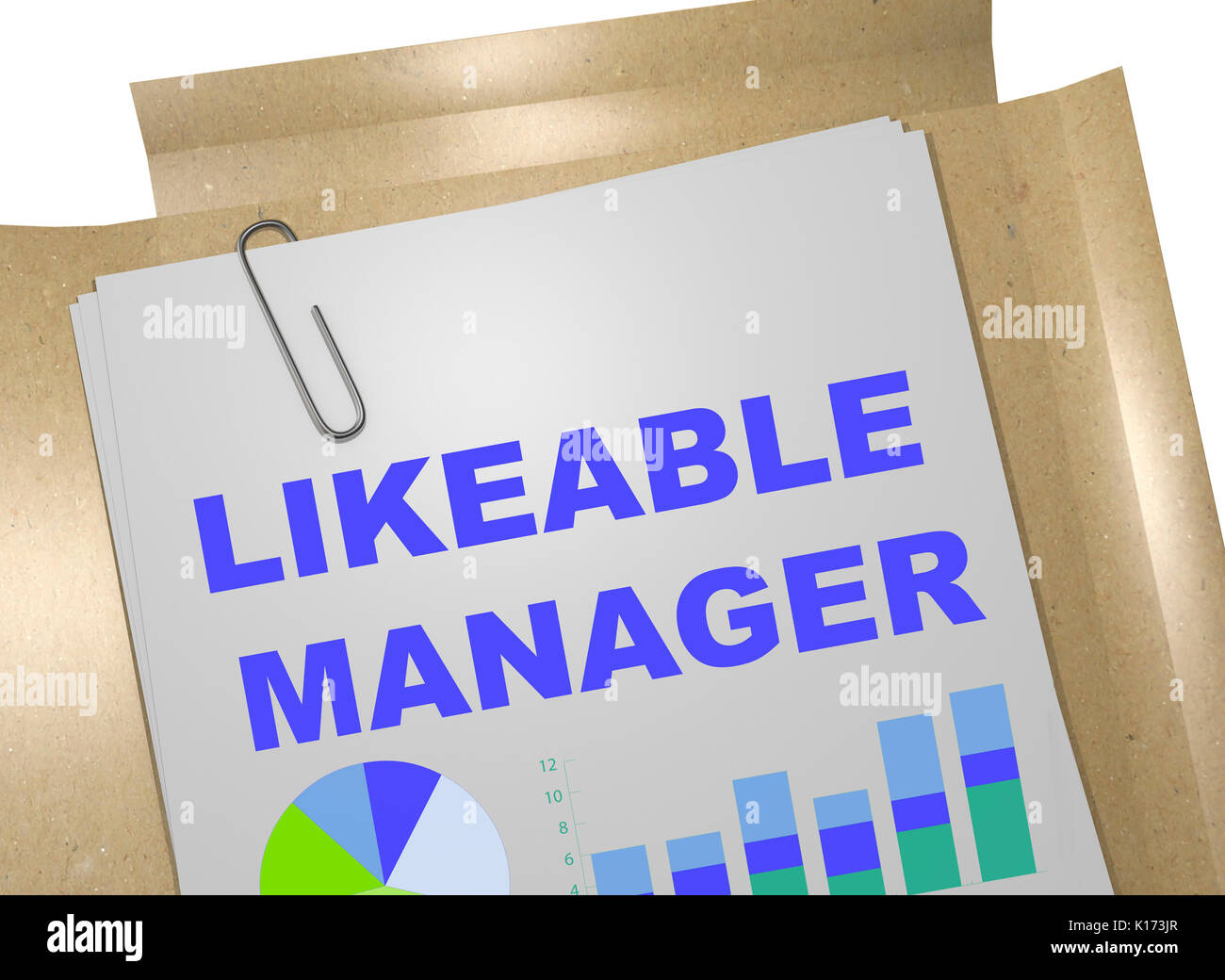 3D illustration of "LIKEABLE MANAGER" title on business document Stock ...