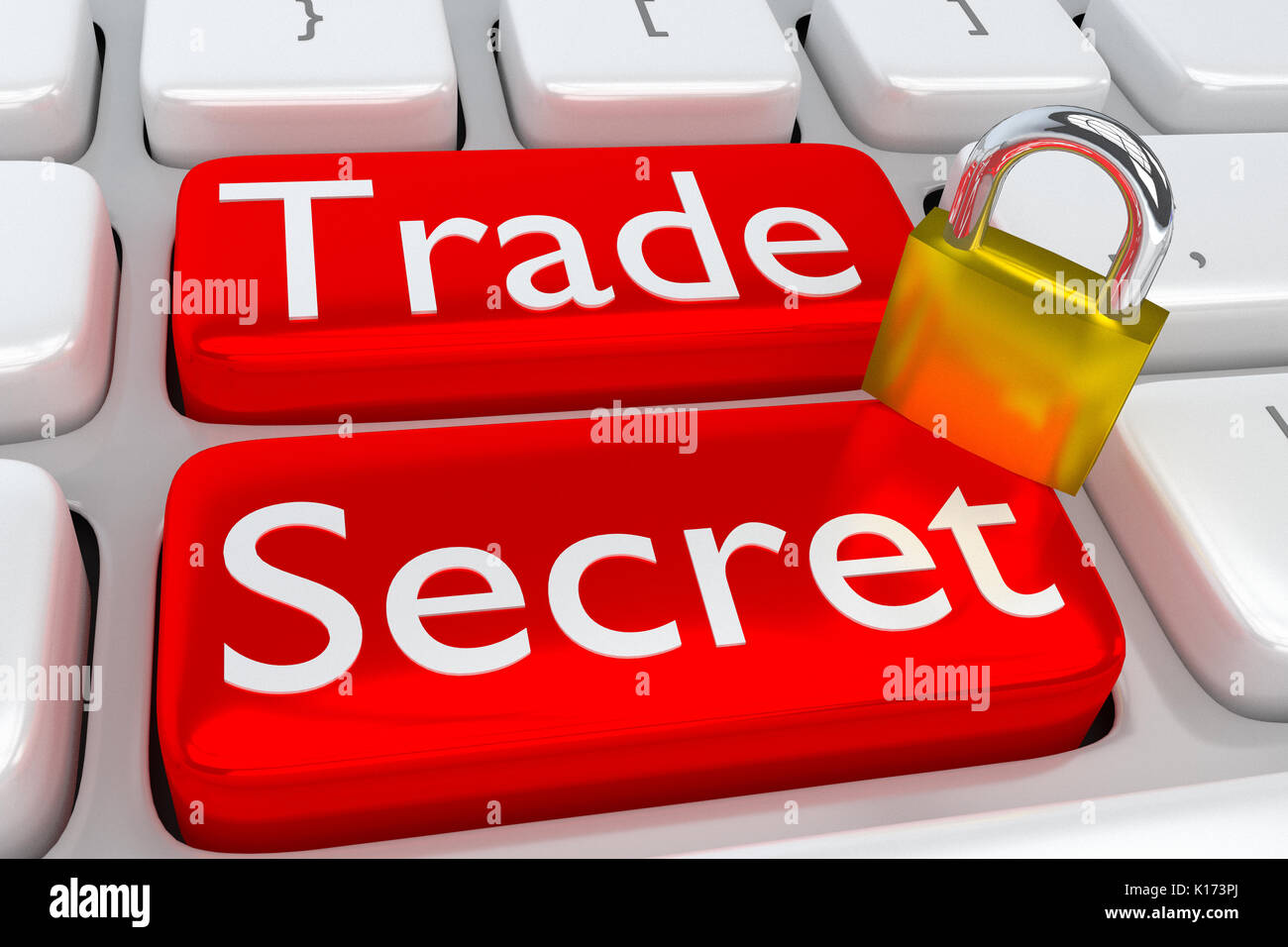 3D illustration of computer keyboard with the print "Trade Secret" on two adjacent red buttons ...