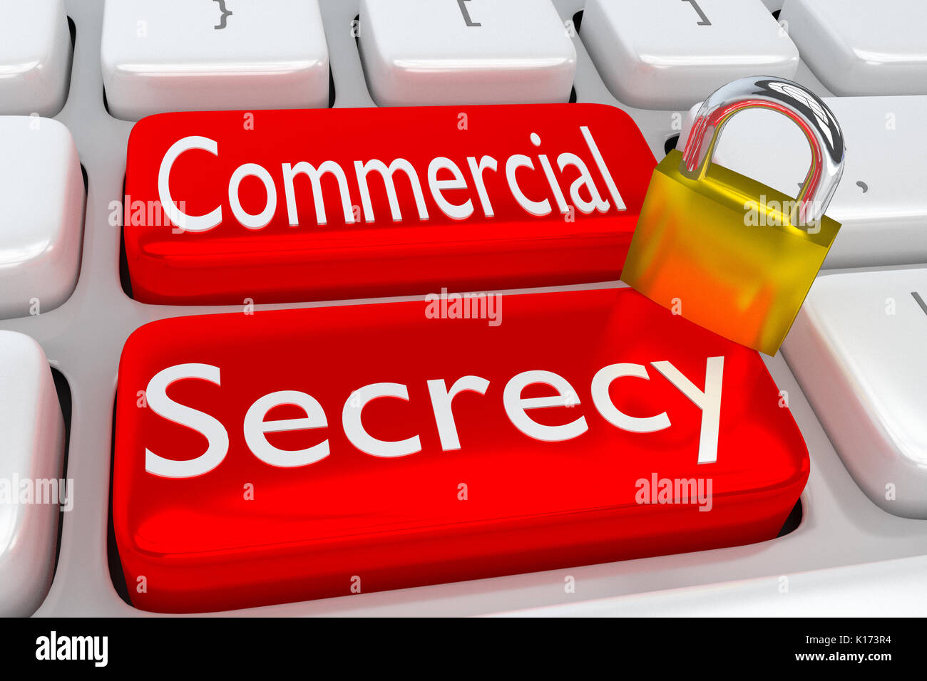 3D illustration of computer keyboard with the print "Commercial Secrecy" on two adjacent red ...