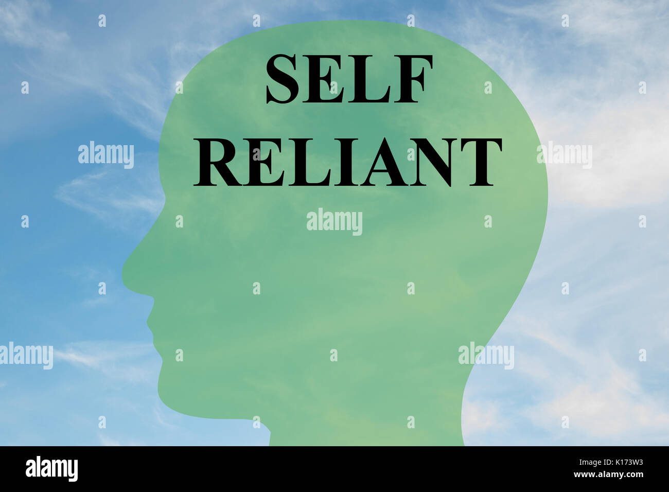 Render illustration of "SELF RELIANT" script on head silhouette, with ...